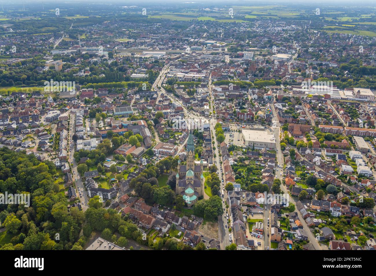 Aerial view, town view and the catholic church St. Antonius Basilica in ...