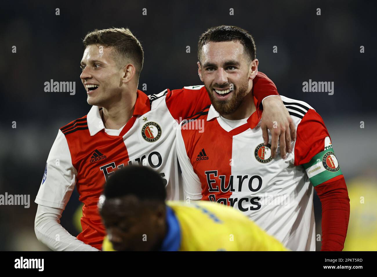 ROTTERDAM - (LR) Sebastian Szymanski of Feyenoord, Orkun Kokcu of Feyenoord celebrate the 5-0 ...