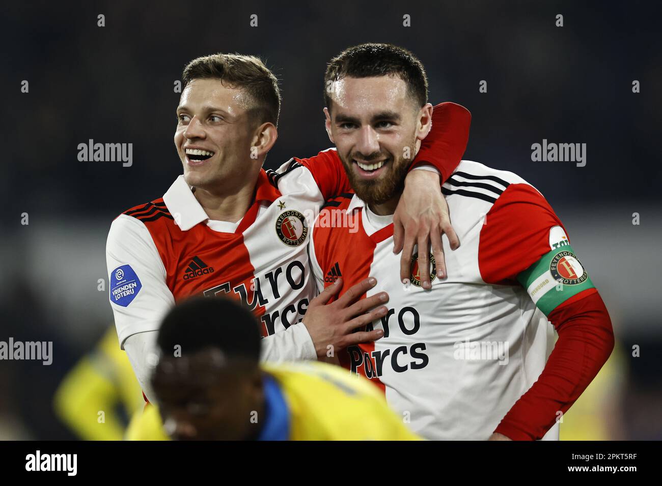 ROTTERDAM - (LR) Sebastian Szymanski of Feyenoord, Orkun Kokcu of Feyenoord celebrate the 5-0 ...