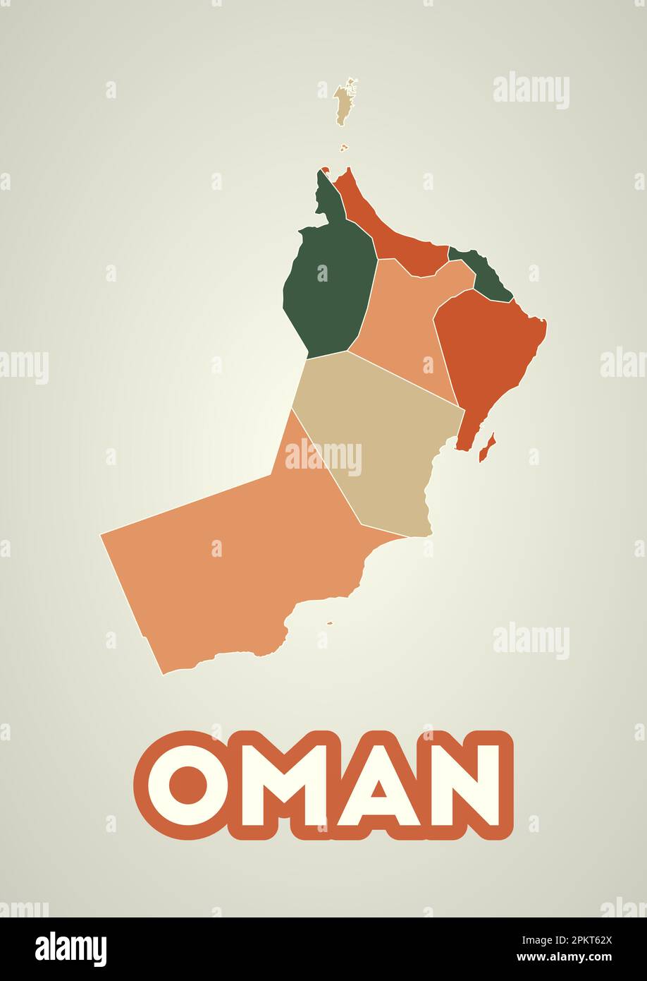 Oman poster in retro style. Map of the country with regions in autumn ...
