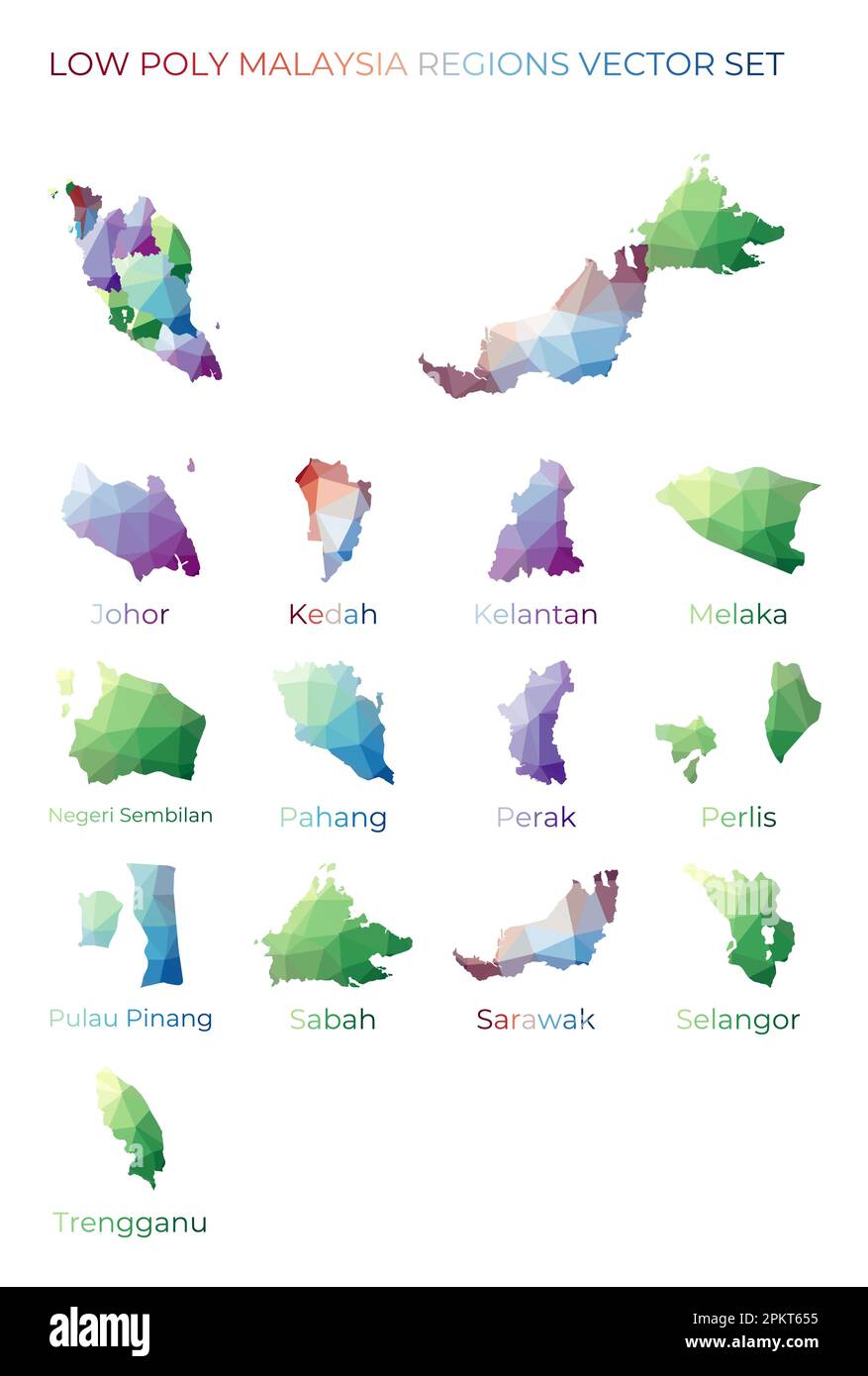 Malaysian low poly regions. Polygonal map of Malaysia with regions ...