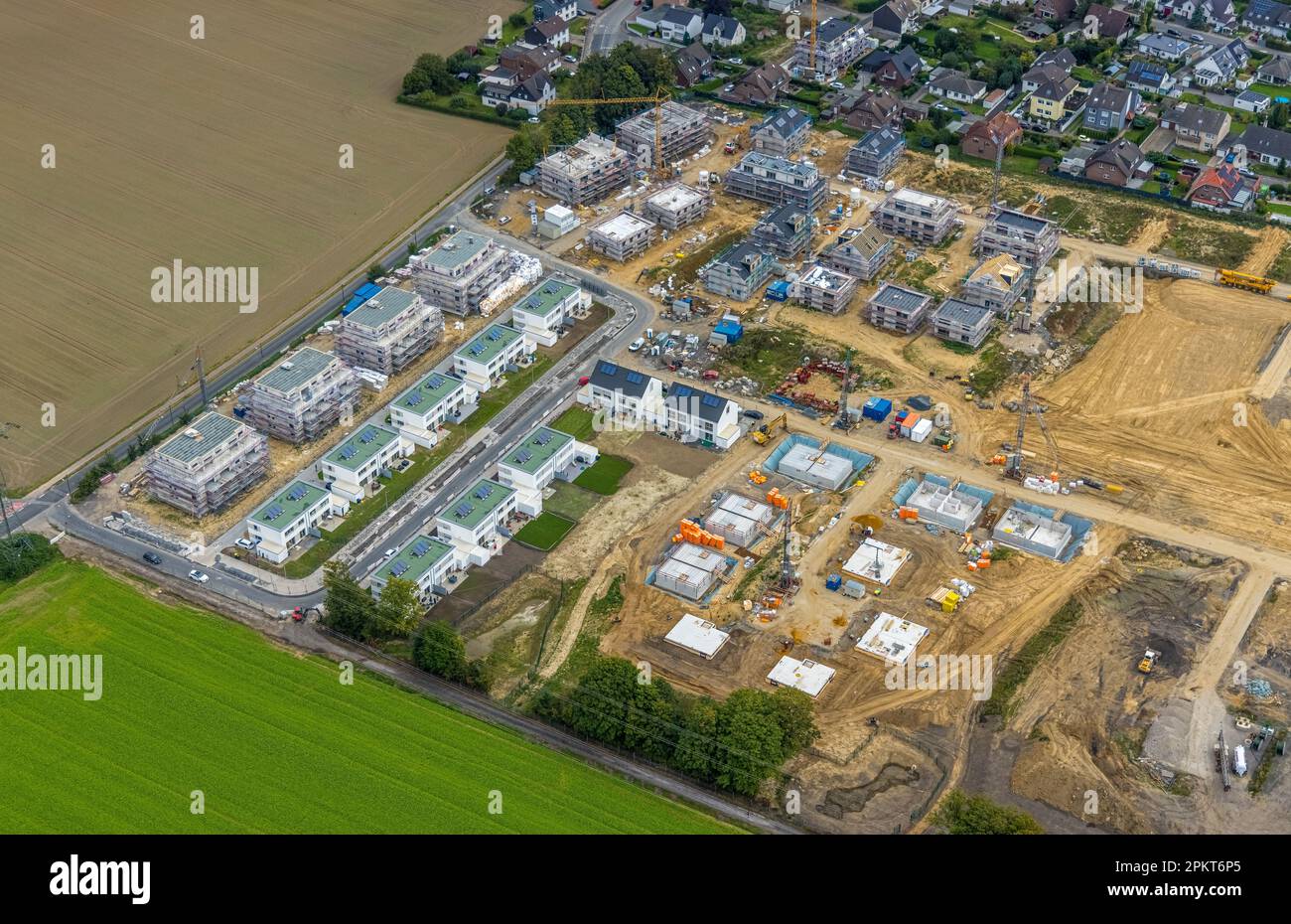 Aerial view, construction site and new building residential park Emscherquelle on the area of ...