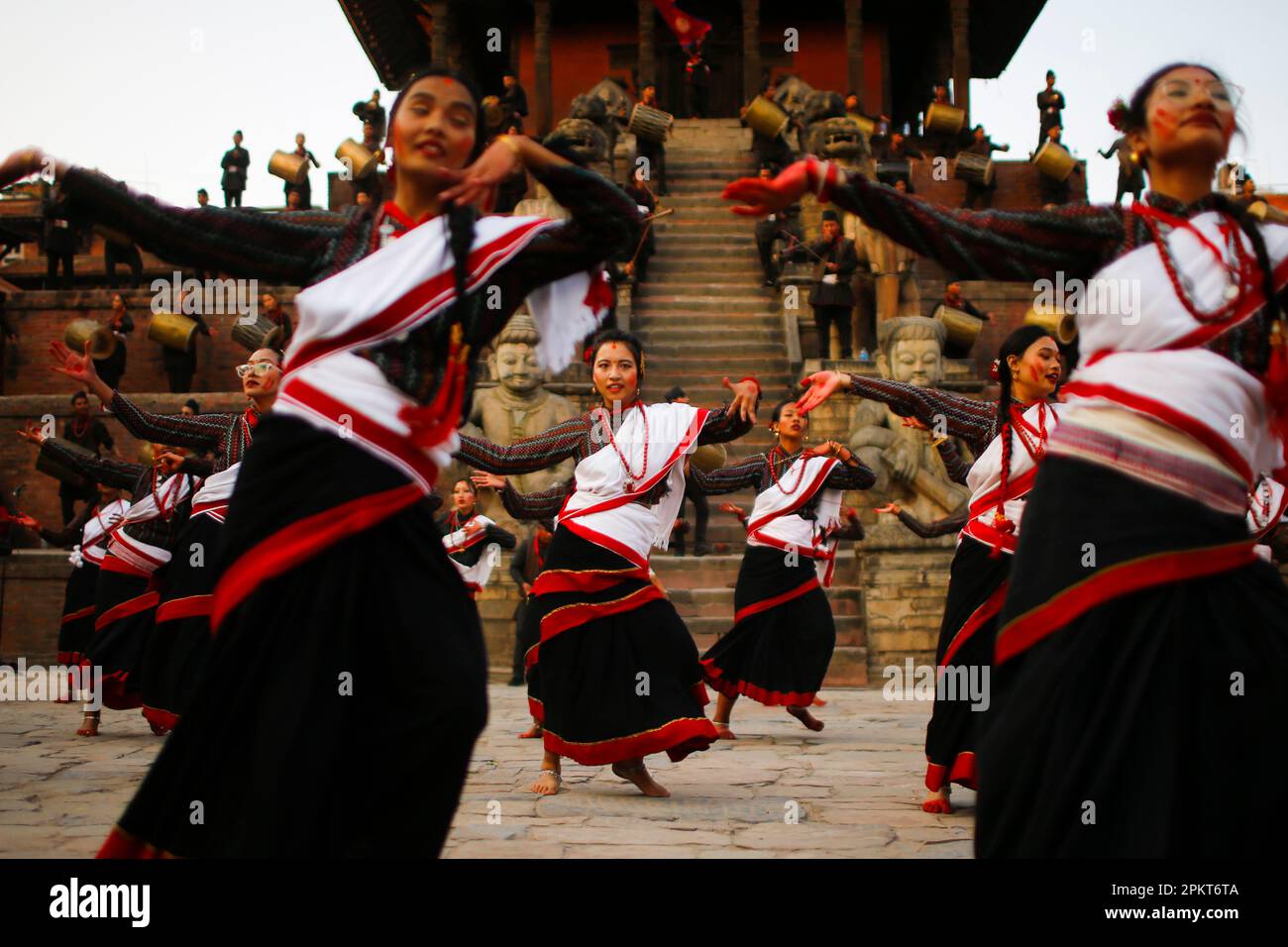 Bhaktapur, Nepal. 9th Apr, 2023. Nepalese women dressed in cultural ...