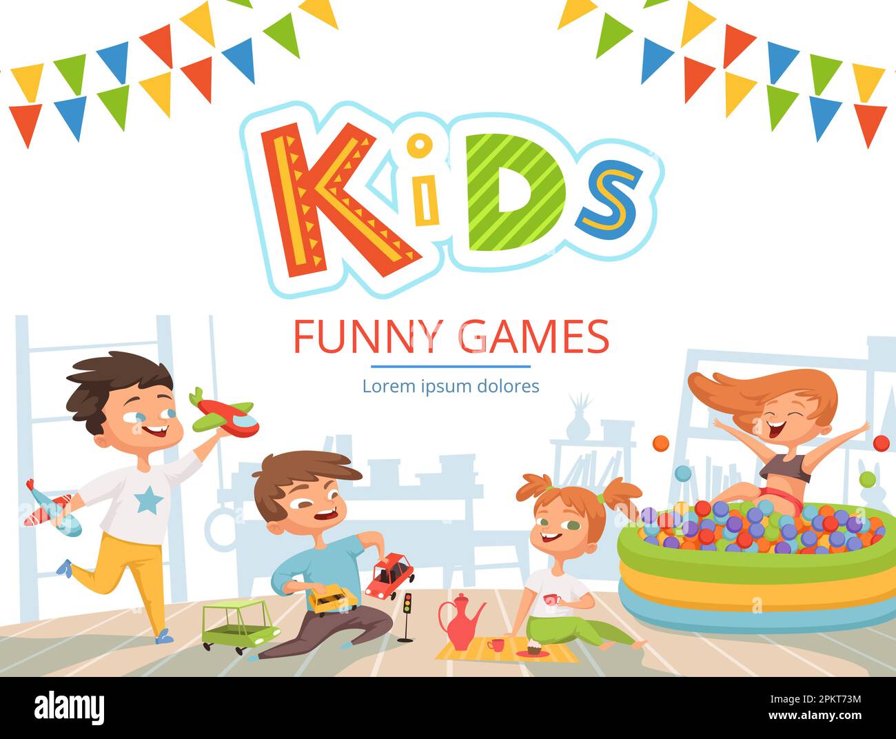 Kids playing. little children on playground playing with toys. Vector ...