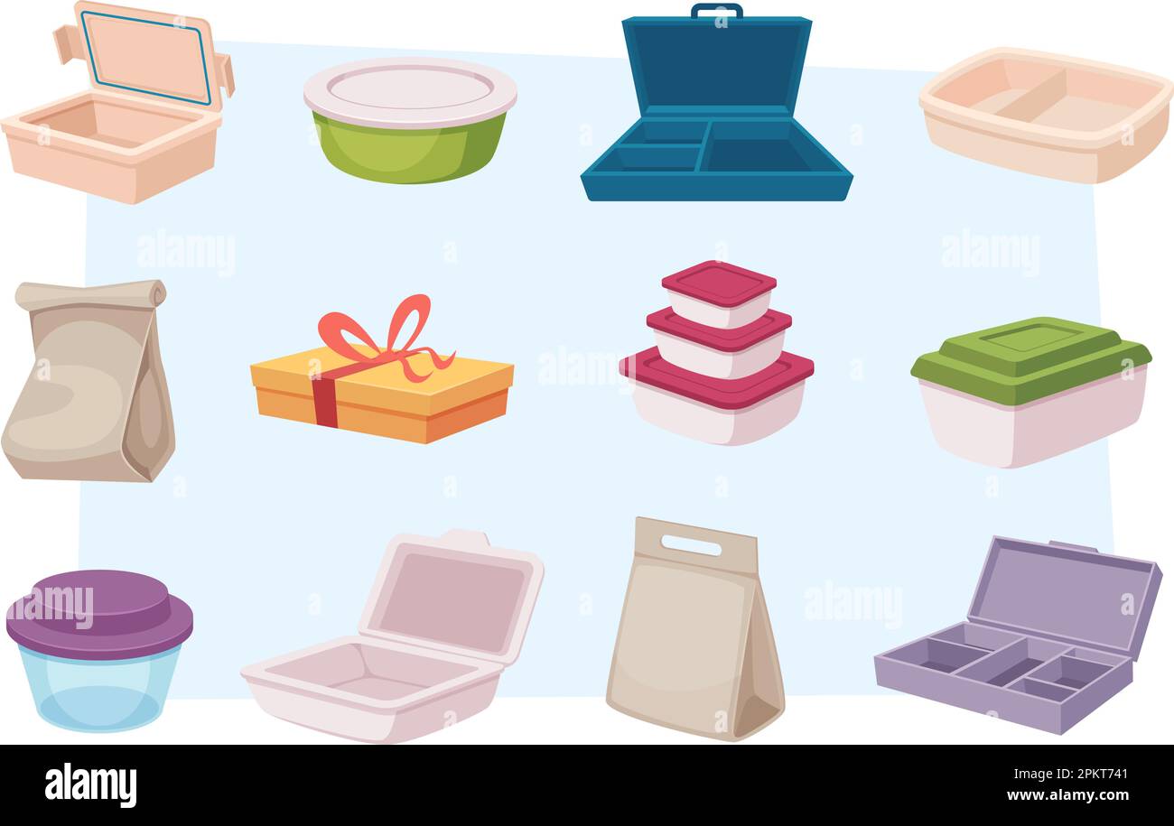 Lunch boxes. Snacks fruits and different food for kids transporting ...