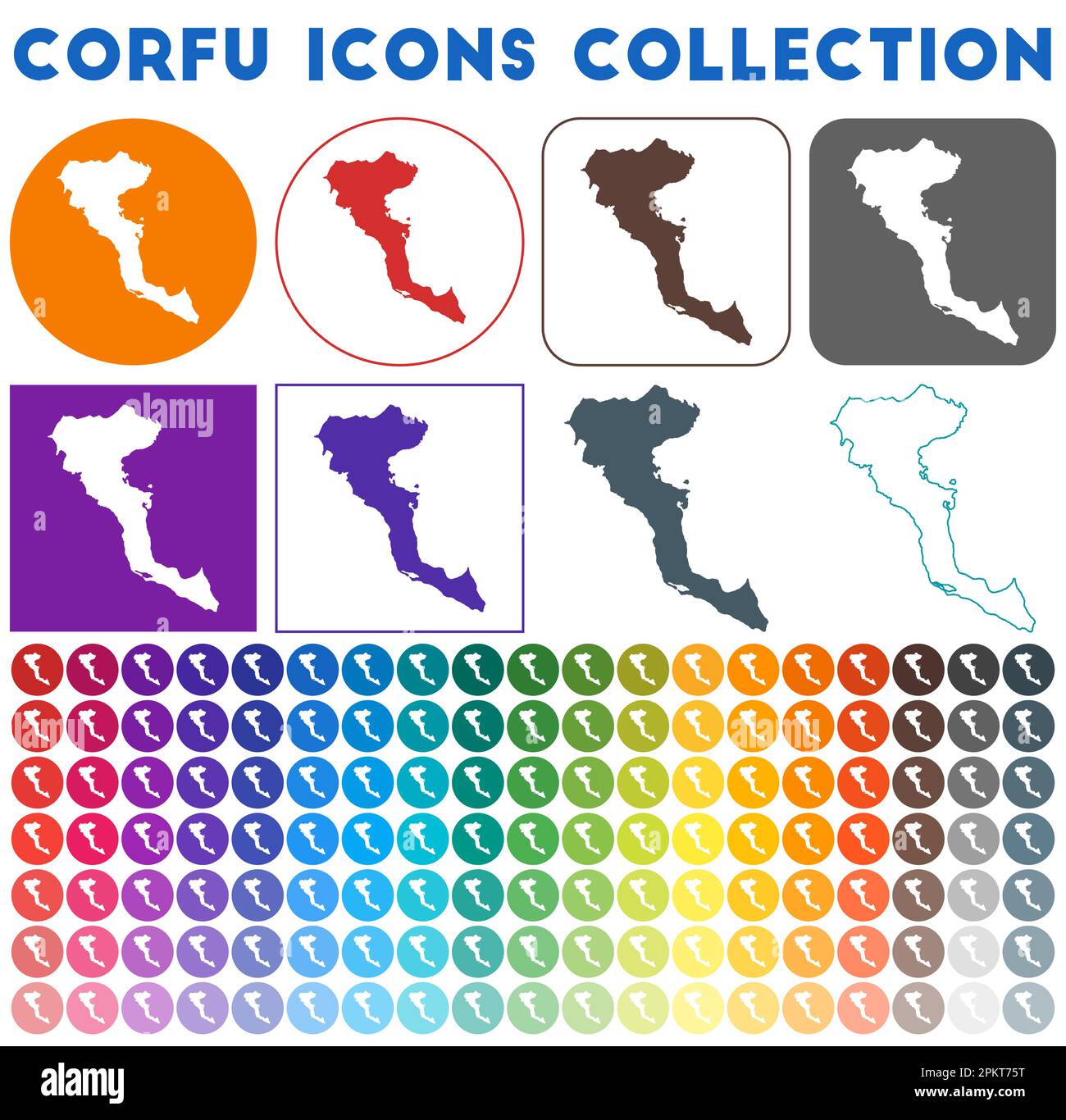Corfu icons collection. Bright colourful trendy map icons. Modern Corfu ...