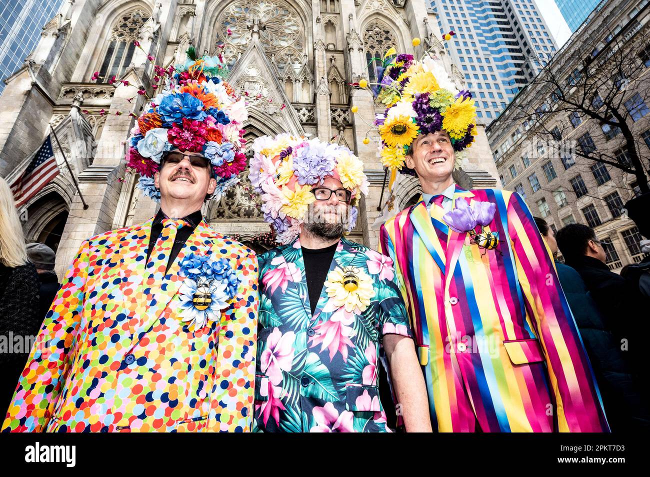 New York, New York, USA. 9th Apr, 2023. Three men wear Easter outfits ...