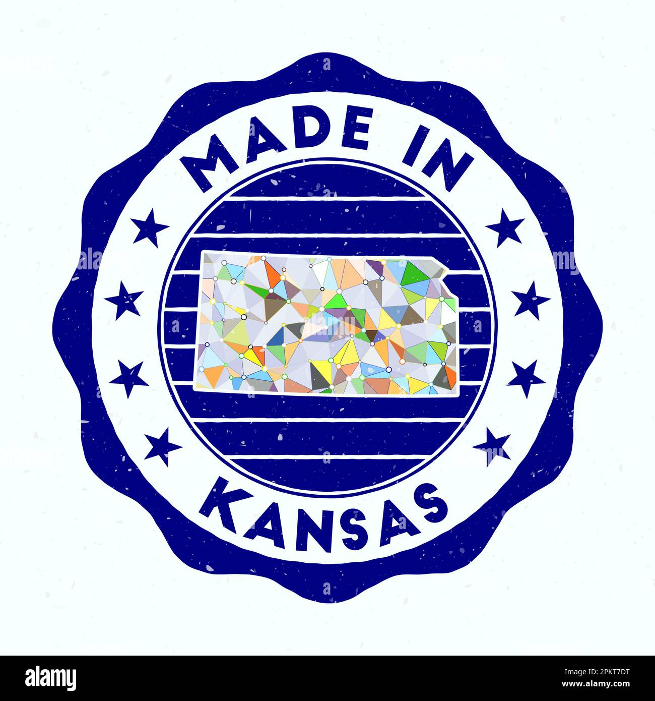 Made In Kansas. US state round stamp. Seal of Kansas with border shape ...
