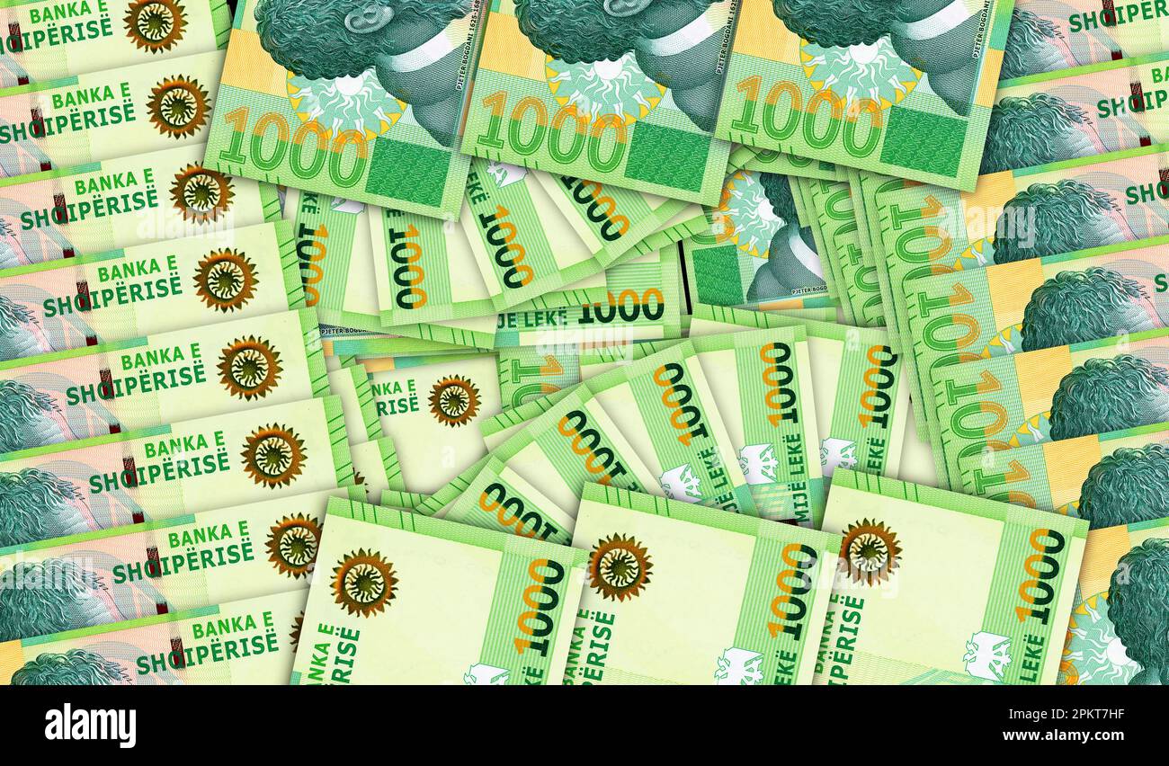 Albania Lek banknotes in a cash fan mosaic pattern. Albanian ALL 1000 ...