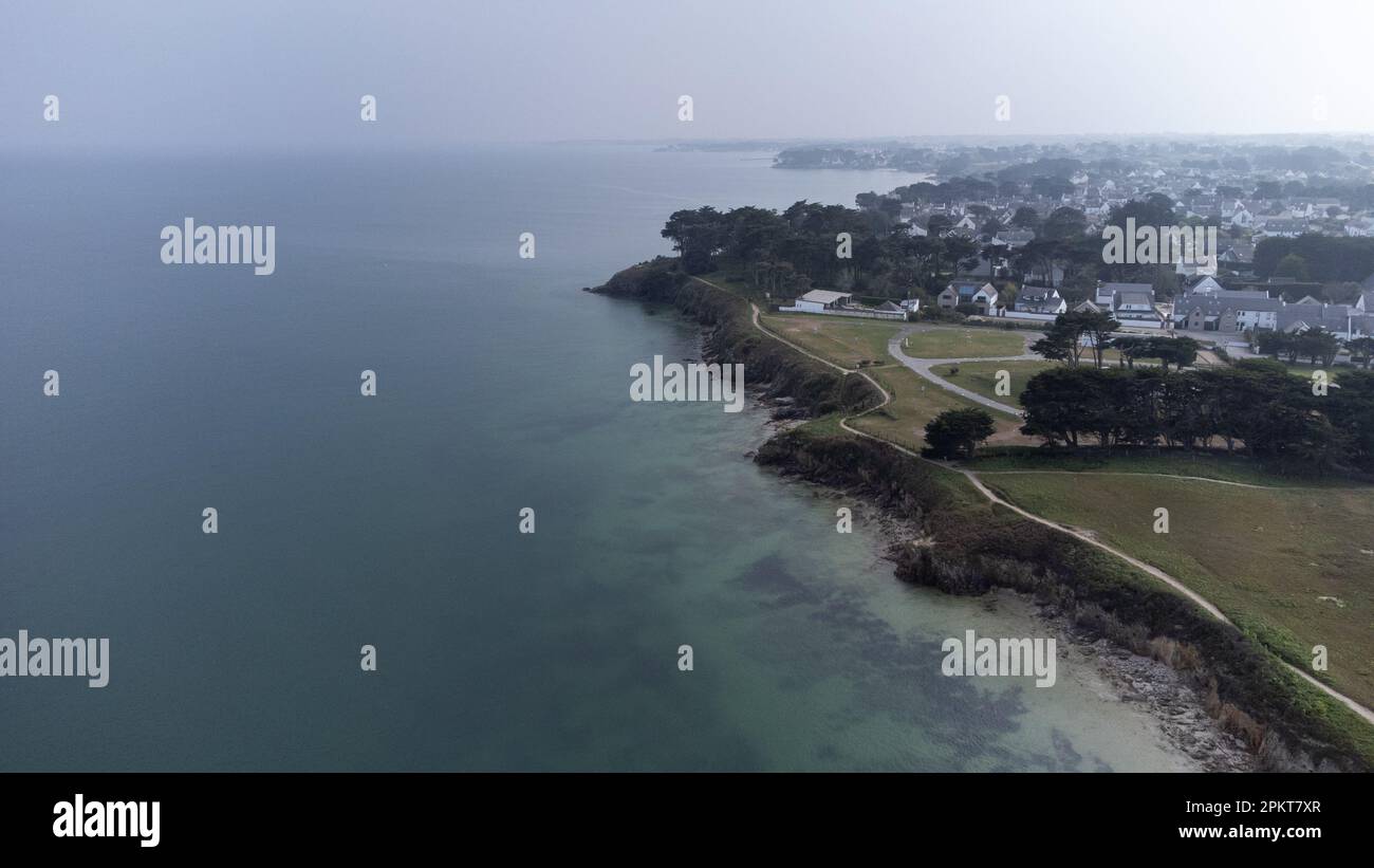 France, Brittany, Morbihan, Quiberon on 2022-03-30. Aerial view of the ...