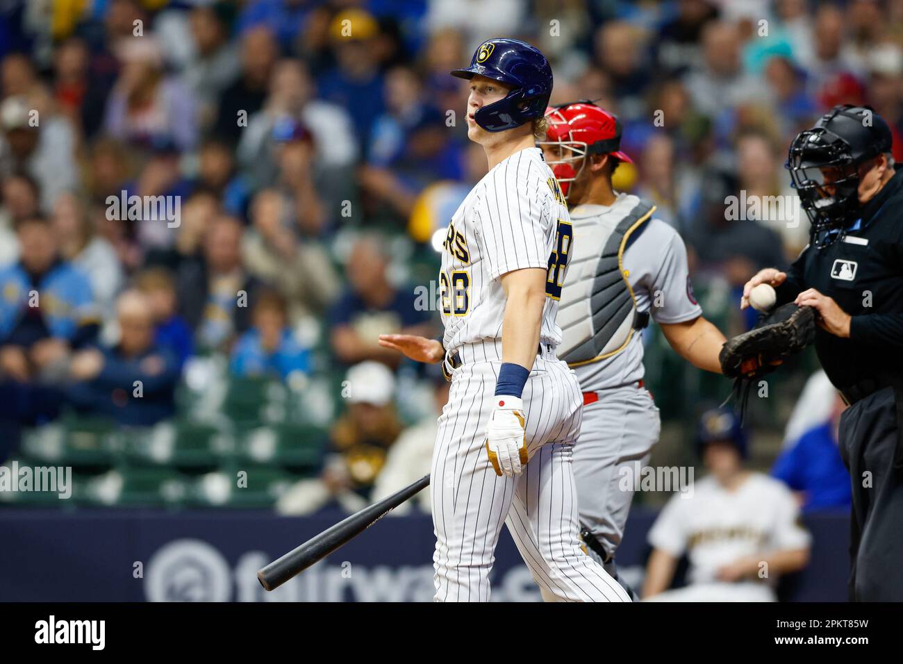 April 8, 2023: Milwaukee Brewers center fielder Joey Wiemer (28) in the ...