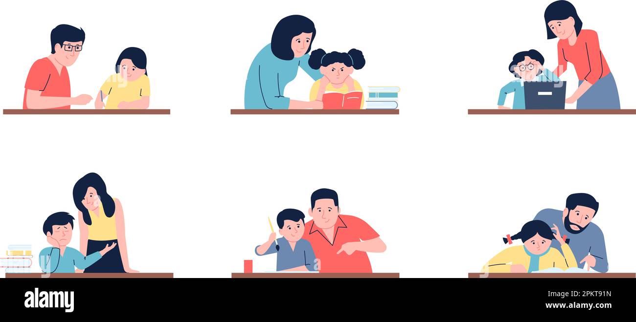 Parents reading and support teaching child. Mother or teacher, family doing homework together ...