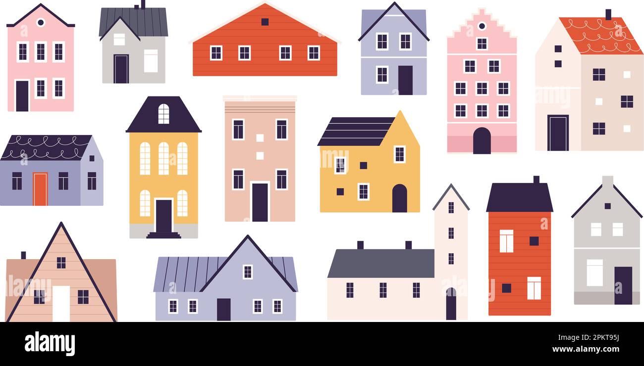 Vibrant doodle flat homes. Isolated houses, abstract city buildings ...