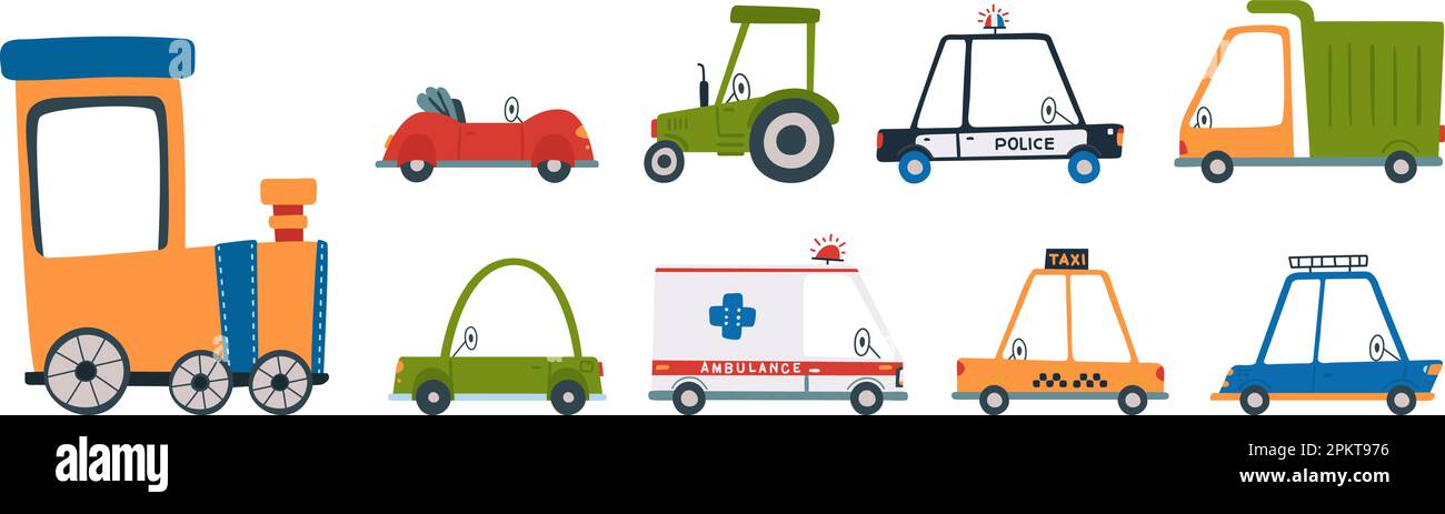 Kids transportation, public transport, cartoon car, trucks and train ...