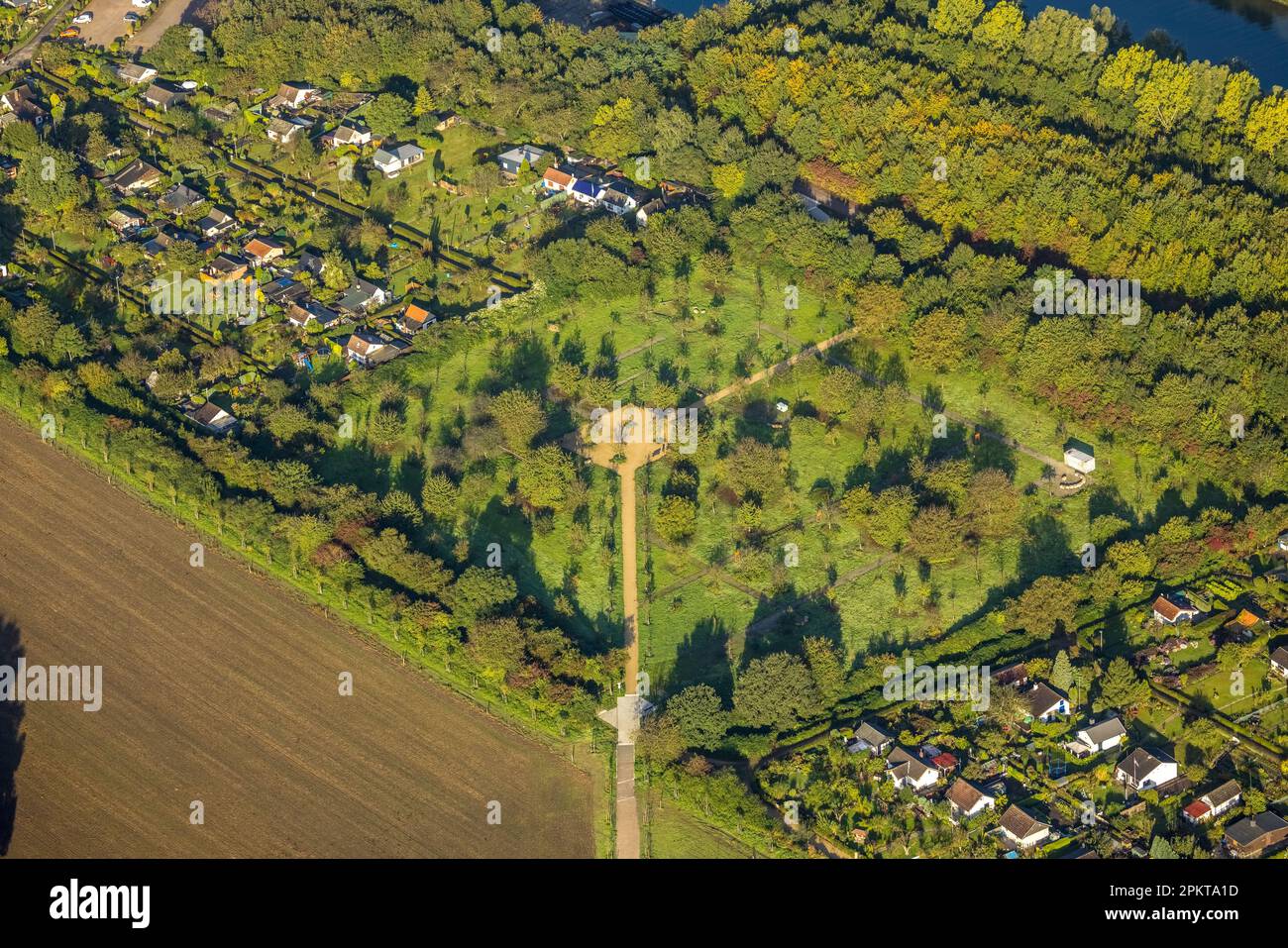 Aerial view, new orchard meadow Holper Heide at the Rhine-Herne-Canal ...