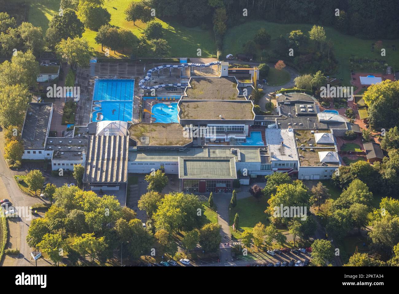 Aerial view, LAGO Die Therme Wellness Center in Gysenberg District Park ...