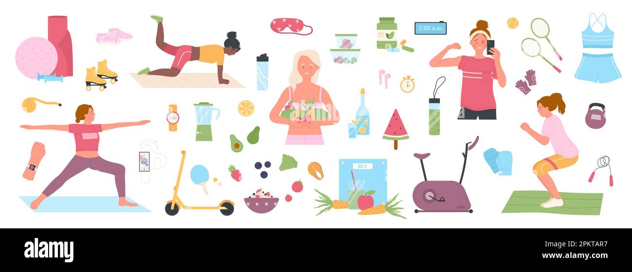 Healthy lifestyle, sports exercise, yoga and diet set vector ...