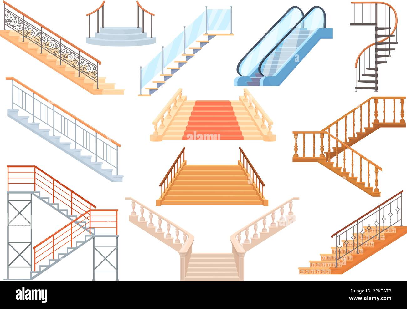 Cartoon staircases. Wooden stone and metal staircase, vintage spiral ...