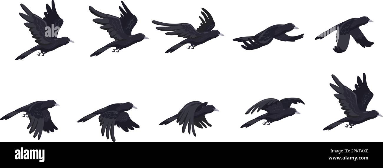 Crow flying animation. Animated fly raven bird sequence cycle, halloween enemies 2d game cartoon ...