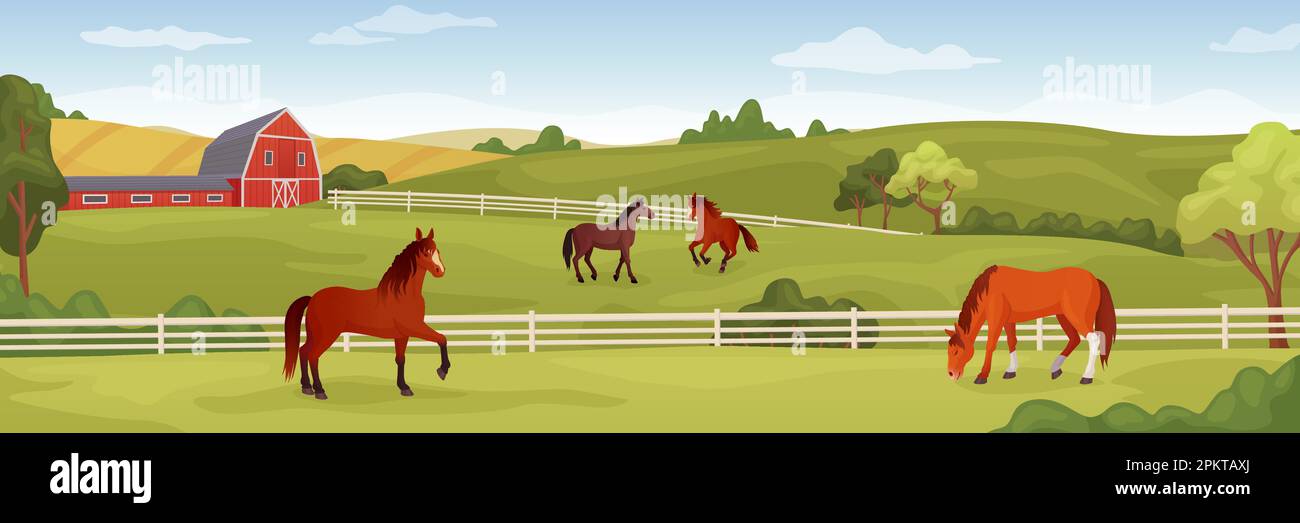 Equine farm landscape. Equestrian ranch stable yard running horses ...