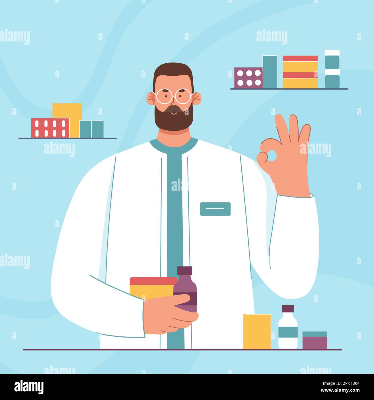 Pharmacy with pharmacist holding pills and drugs vector illustration ...