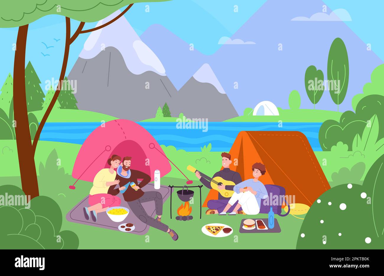 People campground. Family campsite, tourist group friends resting at ...