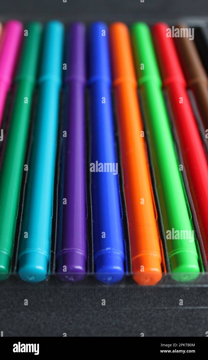 Bottom Part Of Multi Colored Felt Pens Stacked In Tray Vertical Stock ...