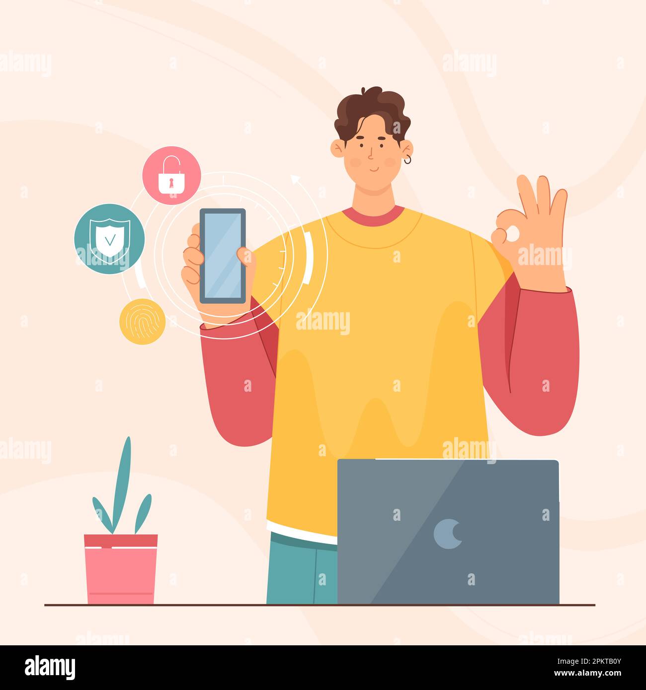 Online security vector illustration. Cartoon happy person holding ...