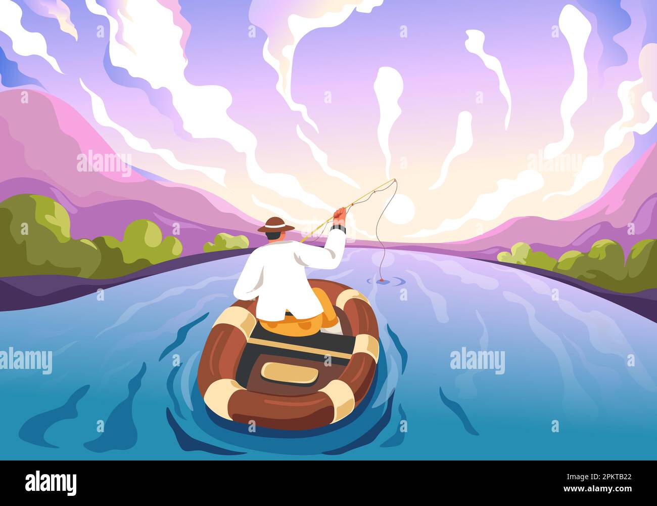 Fisherman boat on pond. Morning fishing in forest lake or river ...