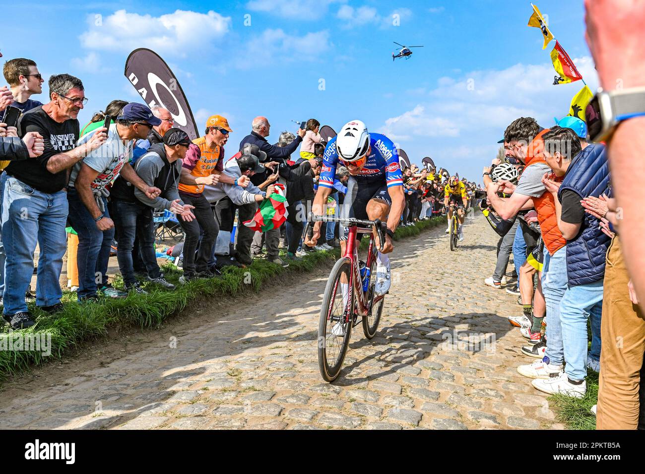 Gruson, France. 09th Apr, 2023. Mathieu van der Poel from team Alpecin-Deceuninck is the winner ...