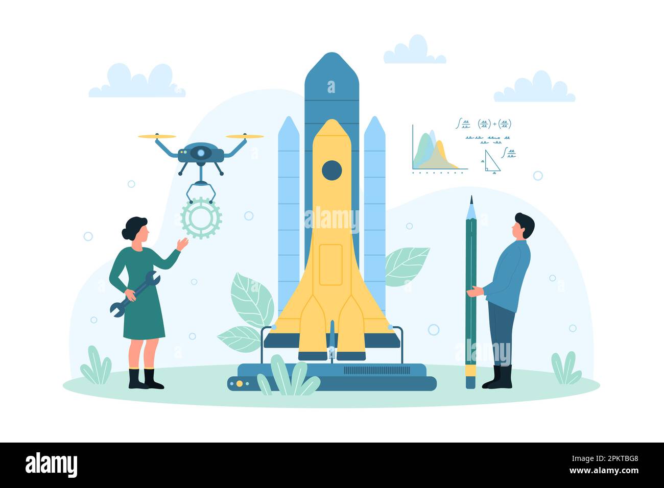 Rocket launch into space vector illustration. Cartoon tiny people use ...