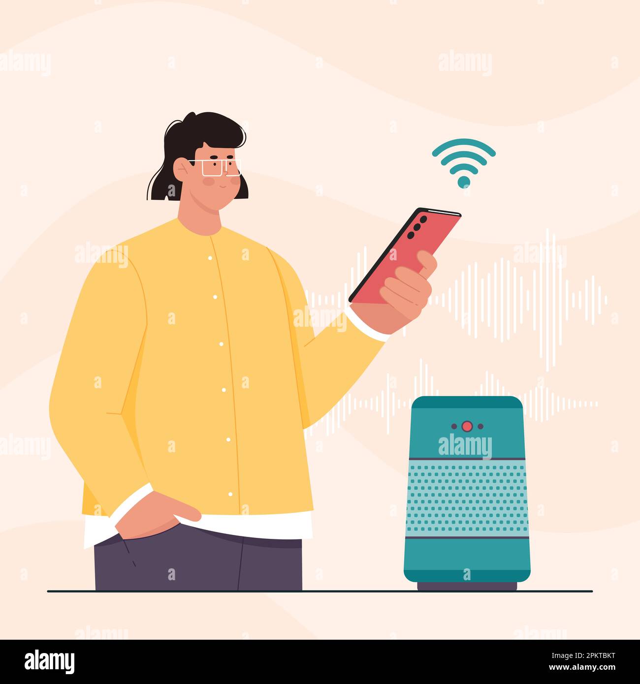 Voice assistant, AI technology vector illustration. Cartoon man holding ...