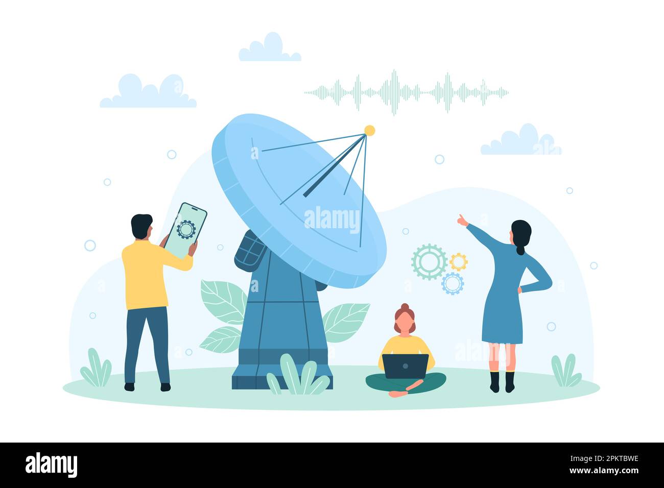 Radar antenna for telecommunication vector illustration. Cartoon tiny ...