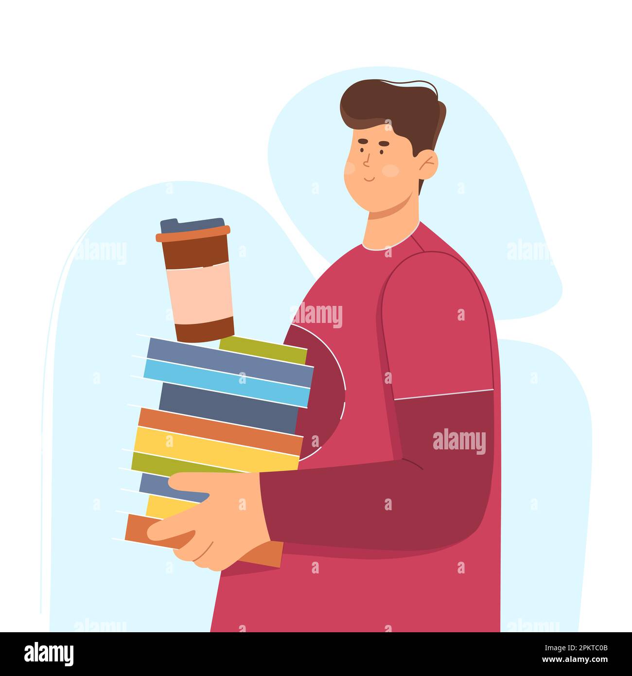 Student carrying stack of books and paper cup of coffee vector ...