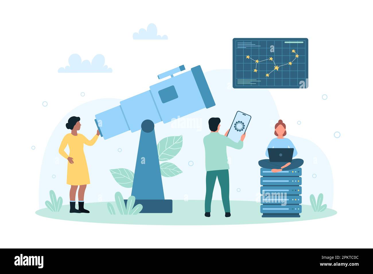 Research and study of astronomy science vector illustration. Cartoon tiny people looking with ...