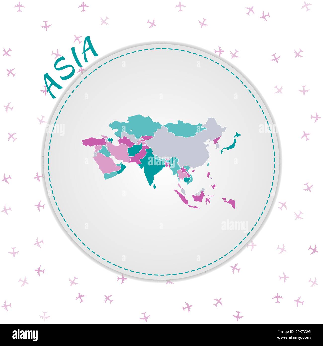 Asia map design. Map of the continent with regions in emerald-amethyst ...