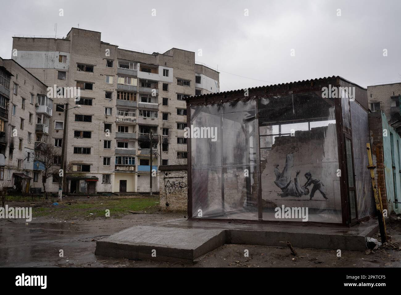 A mural by world-renowned graffiti artist Banksy is seen in Borodyanka ...