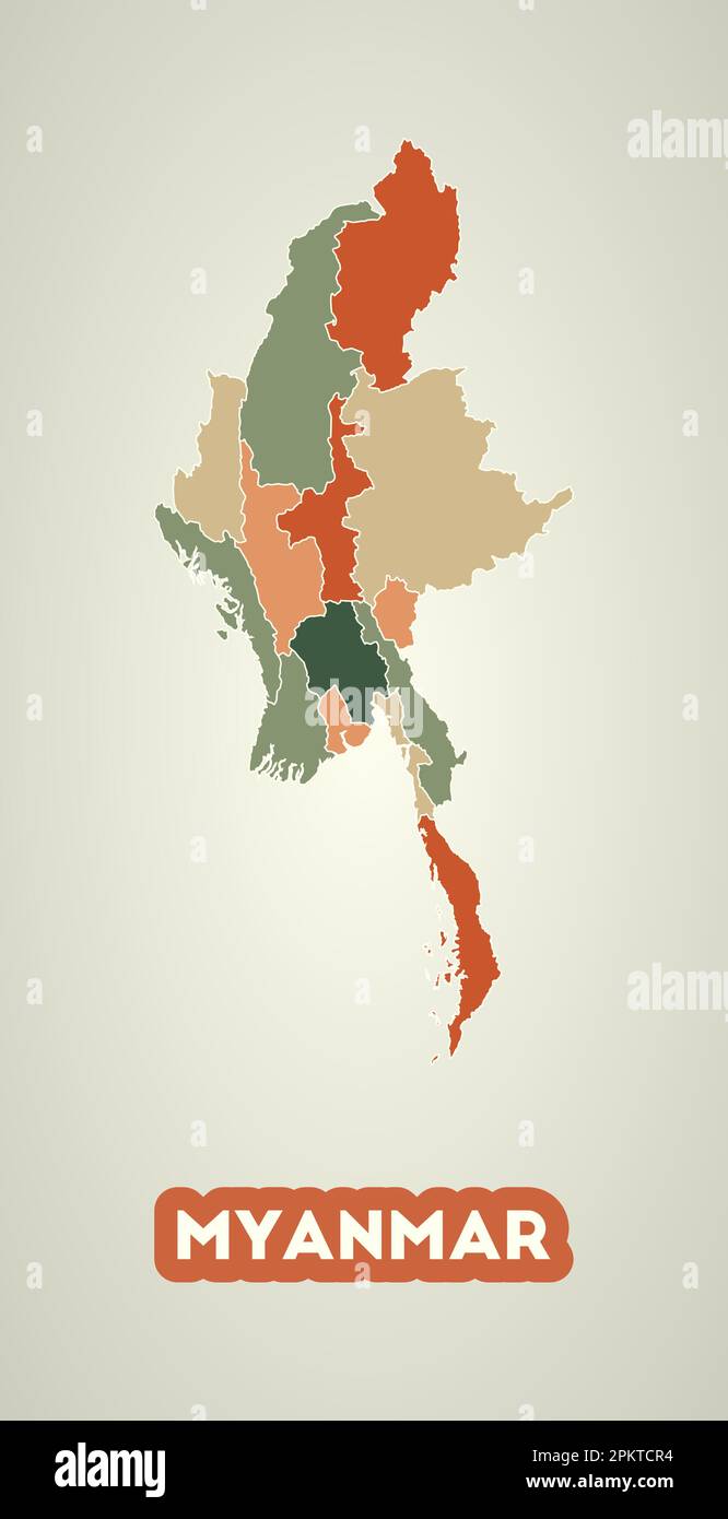 Myanmar poster in retro style. Map of the country with regions in ...