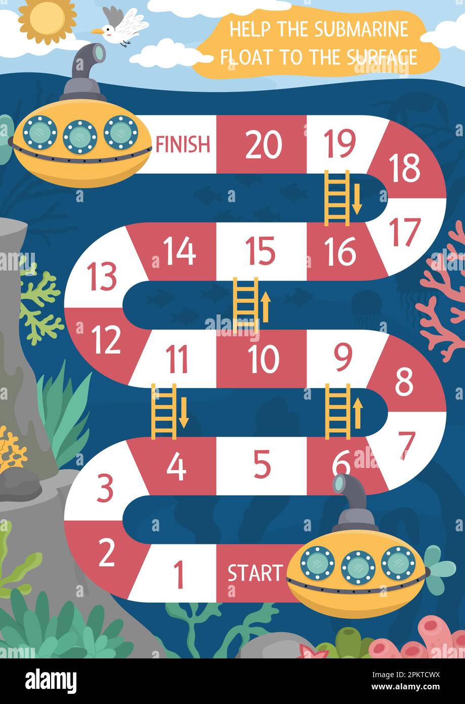 Under the sea dice board game for children with submarine. Ocean ...