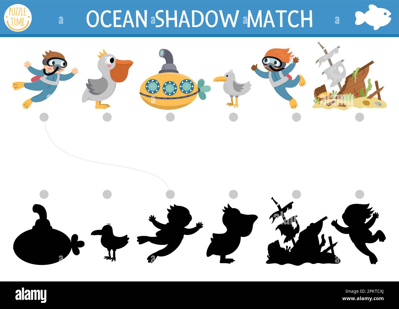 Under the sea shadow matching activity. Ocean puzzle with cute diver ...