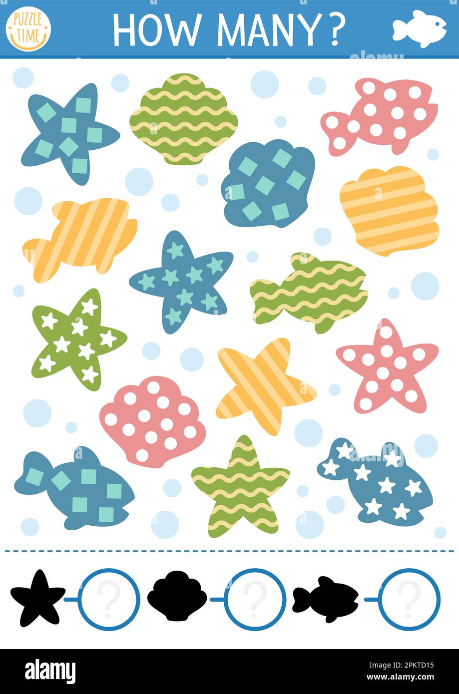 Counting and shape recognition game with cute starfish, seashell, fish ...