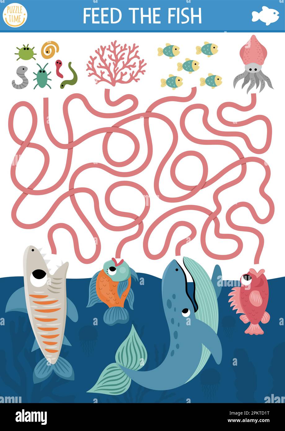 Under the sea maze for kids with turtle, whale, shark, bass, parrotfish ...