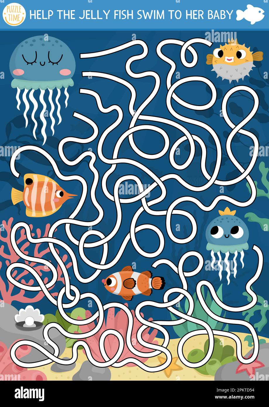Under the sea maze for kids with marine landscape, jelly fish ...