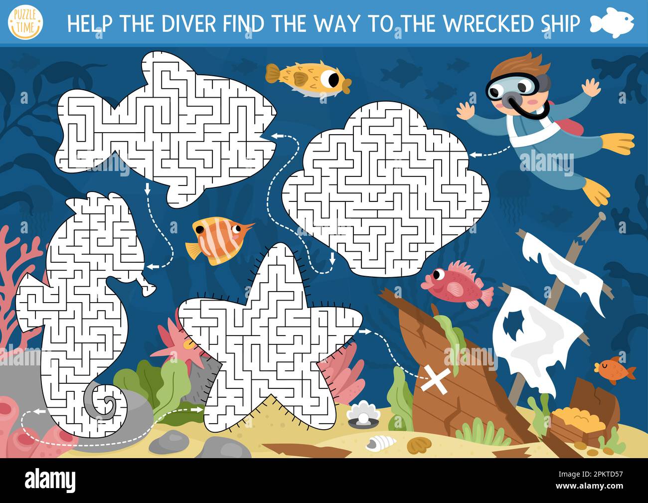 Under the sea maze for kids geometrical sea horse, fish, seashell, star ...