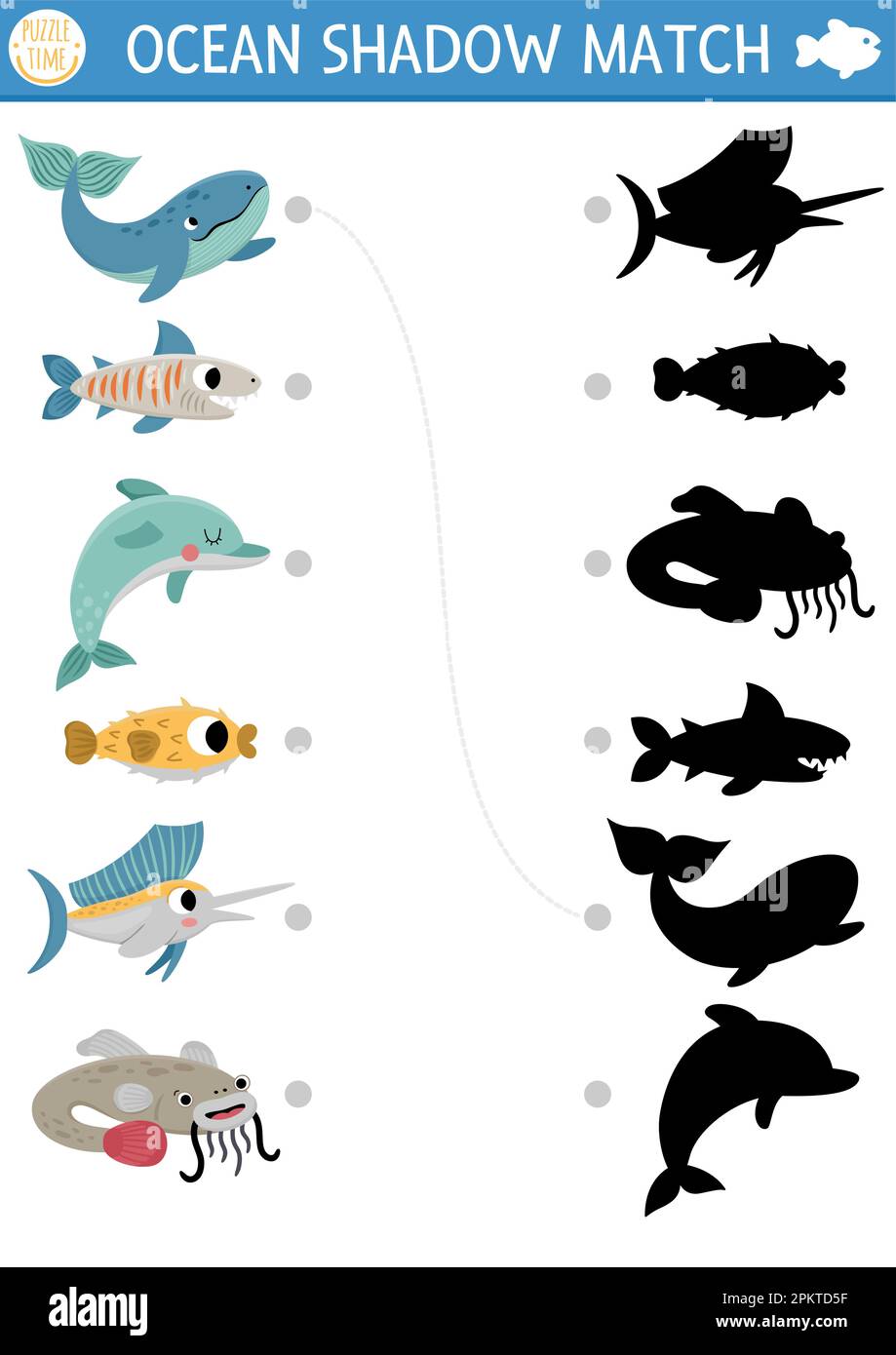 Under the sea shadow matching activity with fish. Ocean puzzle with ...