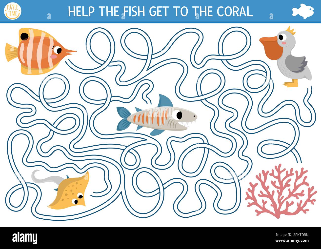 Under the sea maze for kids with shark, pelican, coral, rayfish. Ocean ...