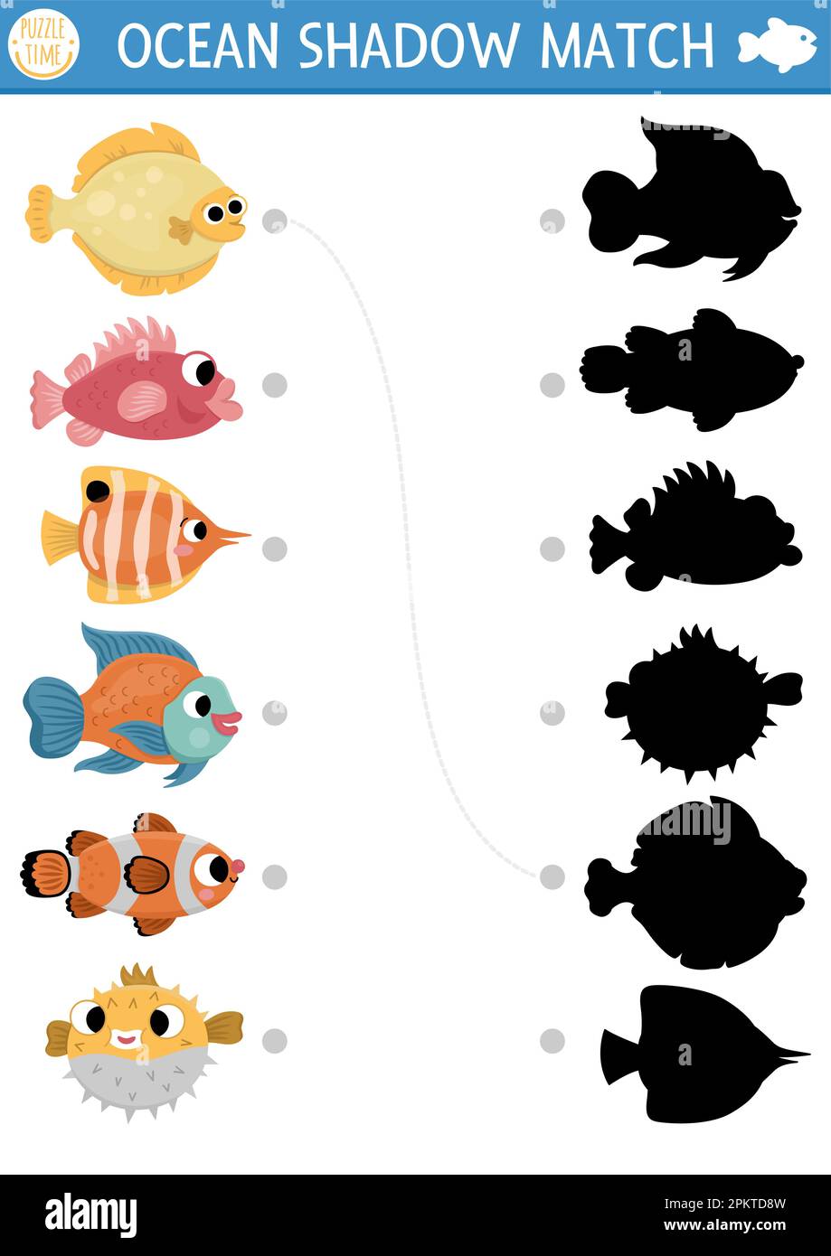 Under the sea shadow matching activity with fish. Ocean puzzle with ...