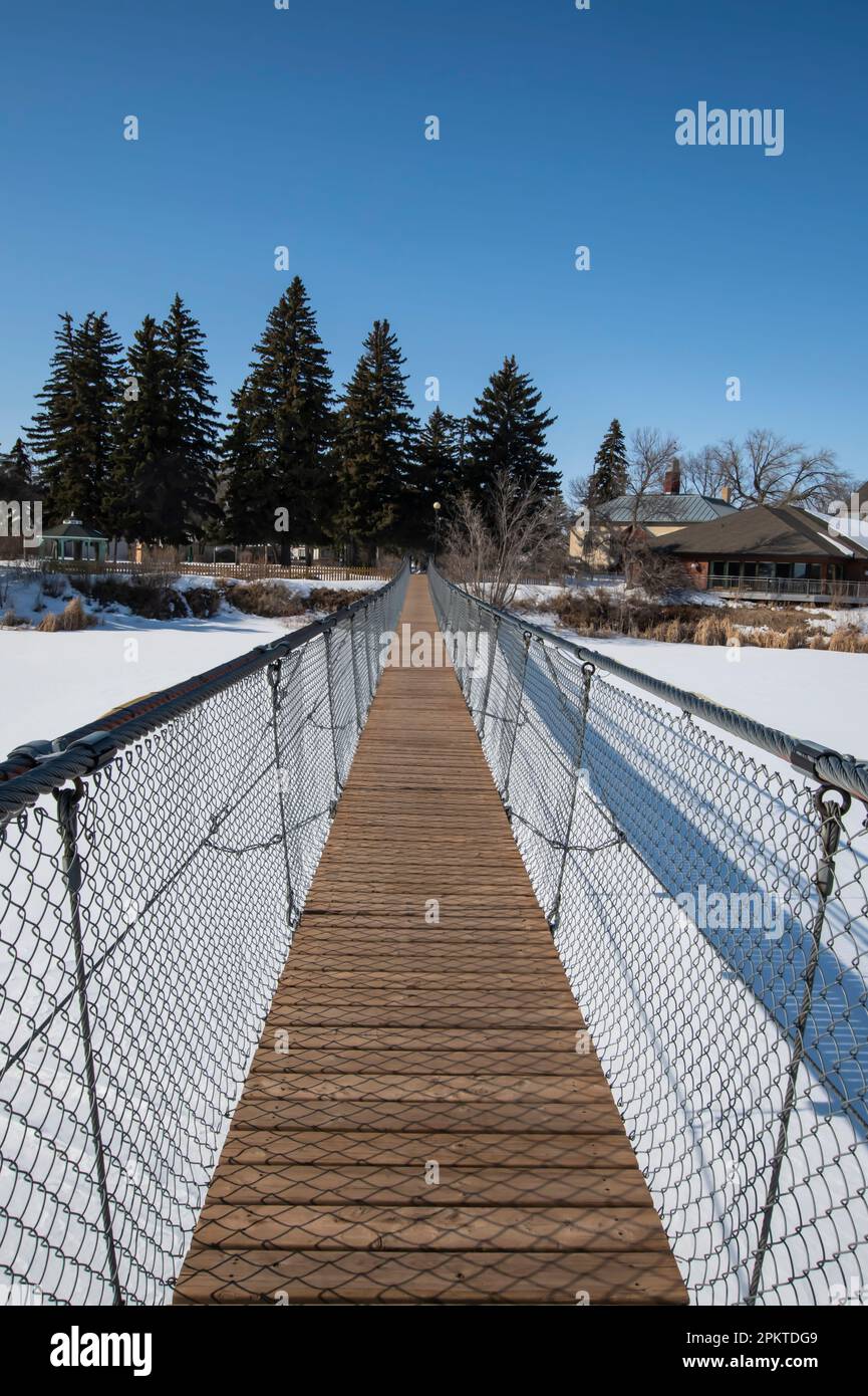 Wolseley Swinging Bridge in Wolseley, Saskatchewan, Canada Stock Photo ...