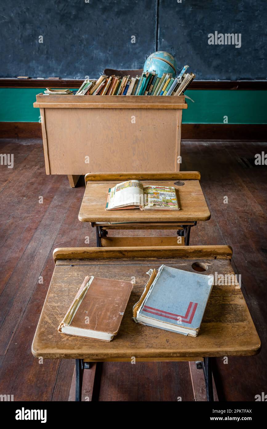 The interior of an old, rural one-room schoolhouse on the prairies in ...