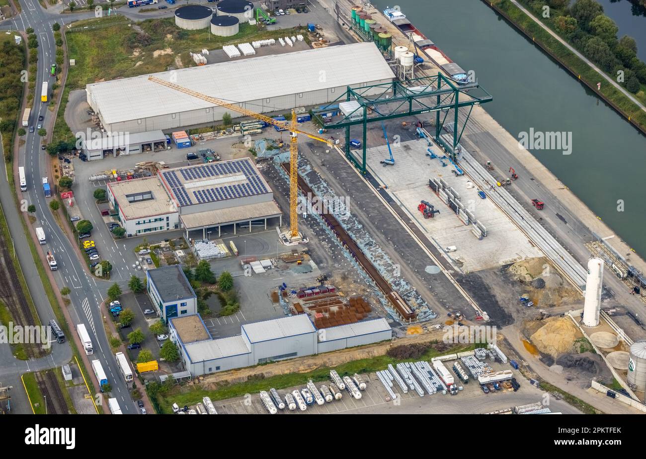 Aerial view, industrial area port with construction site Lanfer area ...